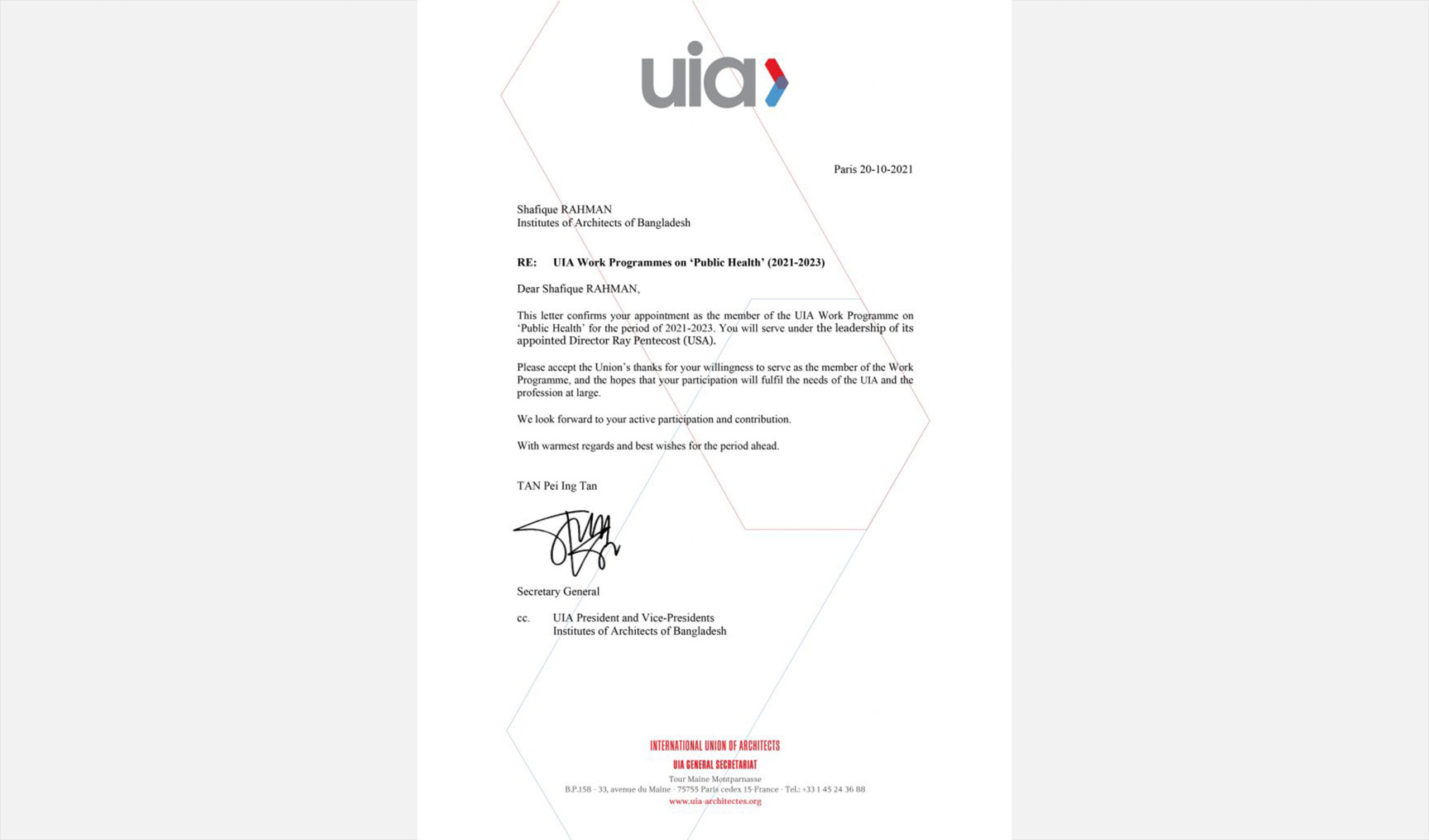 UIA WORK PROGRAMMES ON “PUBLIC HEALTH” APPOINTED AR. SHAFIQUE RAHMAN ...